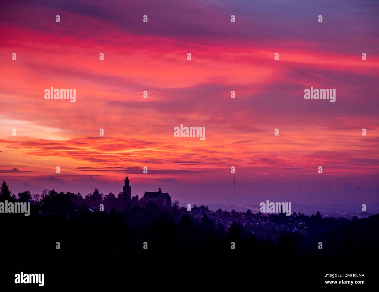 The sky is all red before sunrise in Frankfurt, Germany, early Thursday ...