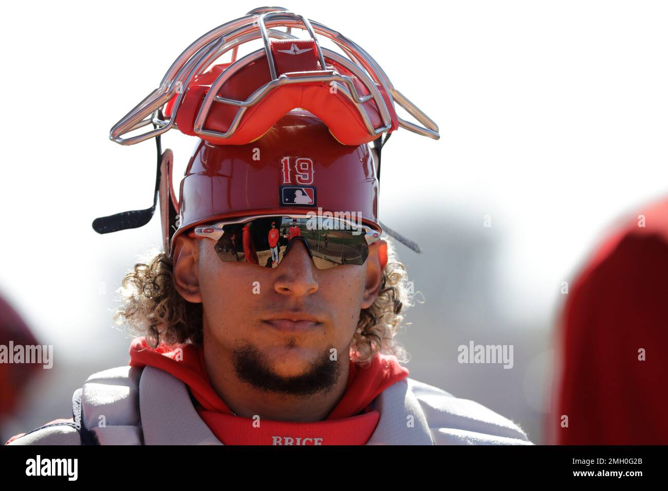 Los Angeles Angels catcher Jose Briceno listens as Andrew Heaney speaks ...