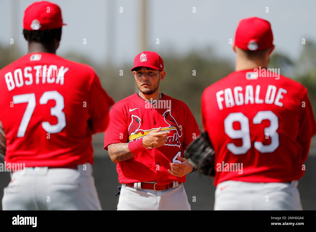 St. Louis Cardinals catcher Yadier Molina (4) talks with pitchers Akeem ...