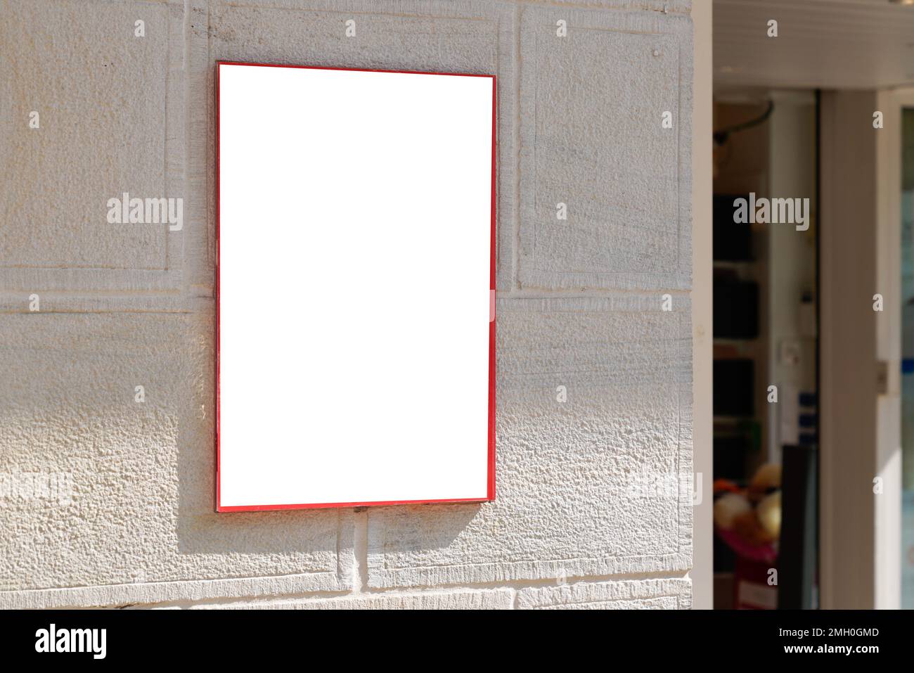 Empty square white poster red frame signboard side view of white mock ...