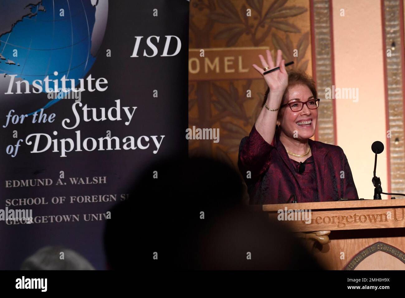 Former Ambassador to Ukraine Marie Yovanovitch waves to the audience as ...