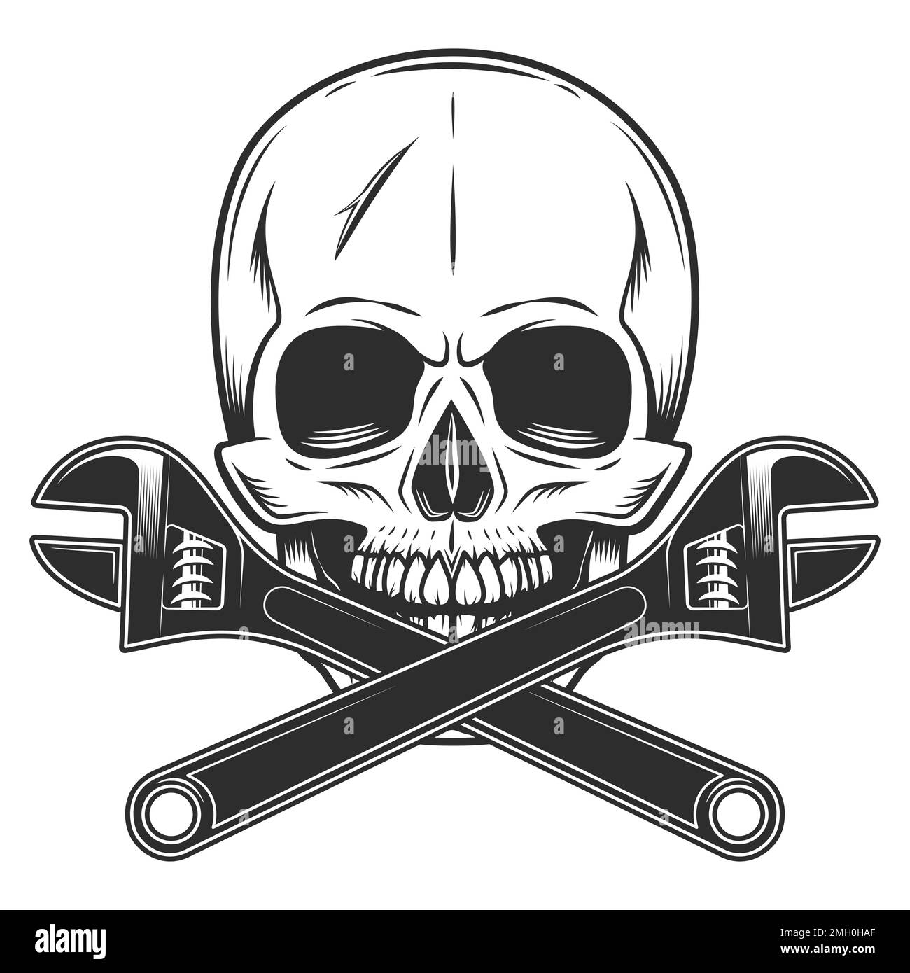 Skull with wrench tools in monochrome illustration style vector icon ...