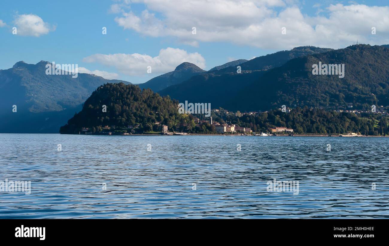 panoramic view of Lake Como, the Alps and the city of Bellagio from the ferry, Lake Como, Italy ...