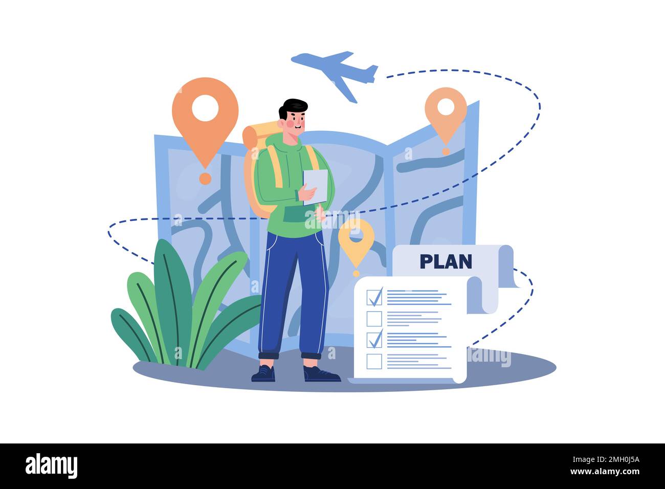 A vector of the tourist man with luggage, planning a sightseeing route ...