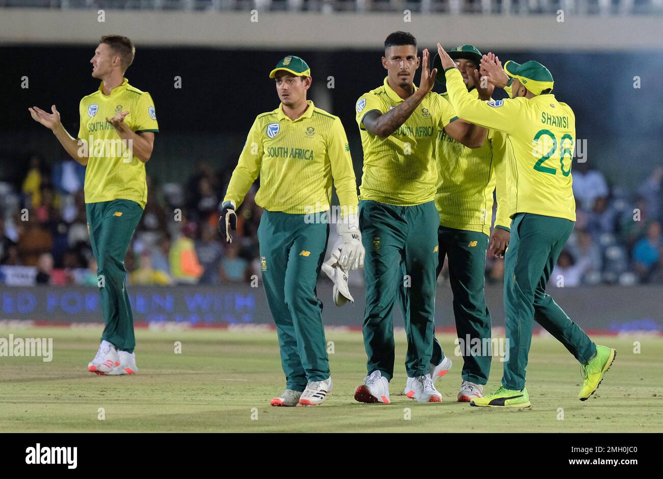 South Africa celebrate the wicket of Jason Roy of England during the ...