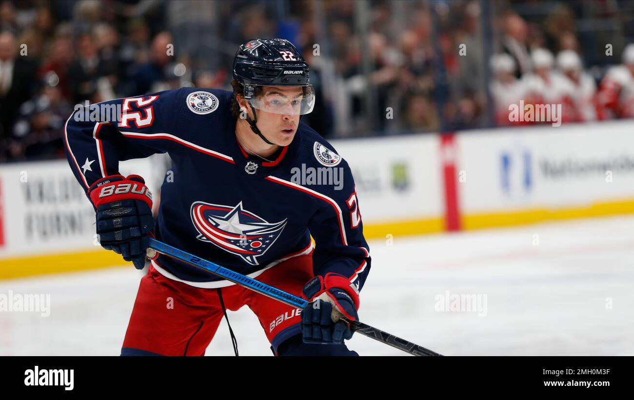 Columbus Blue Jackets' Sonny Milano plays against the Detroit Red Wings ...
