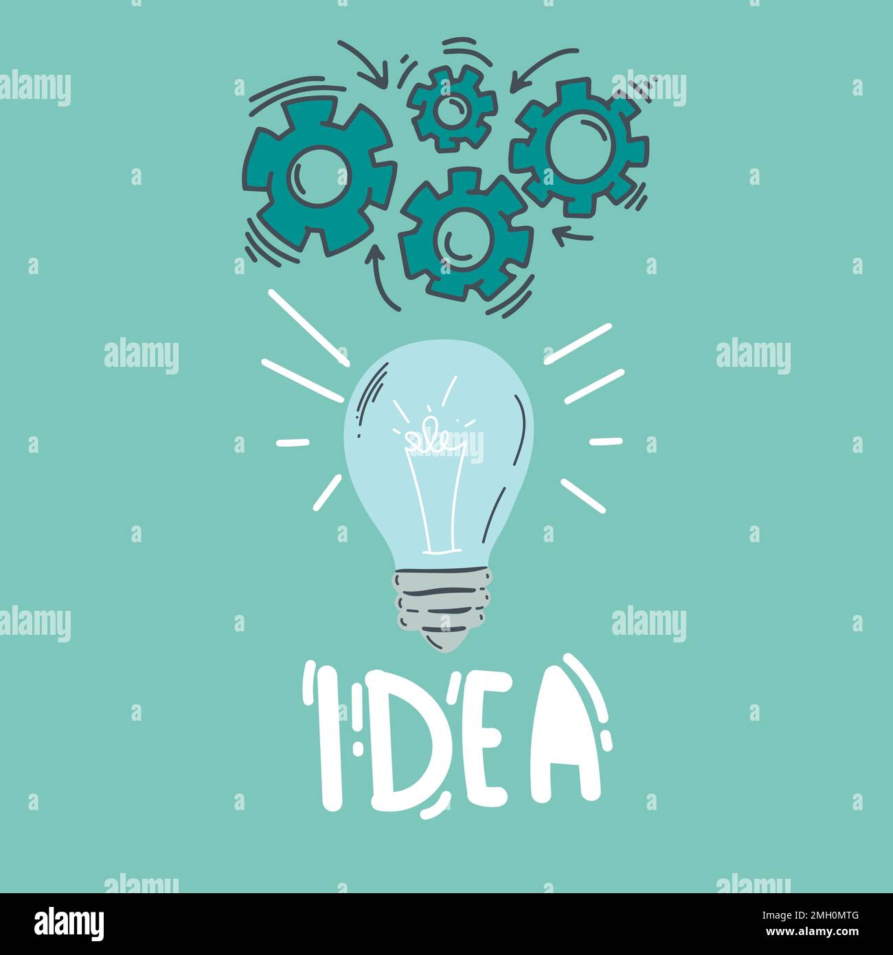 Light bulb with rays shine. Cartoon style. Flat style. Hand drawn style. Doodle style. Symbol of ...