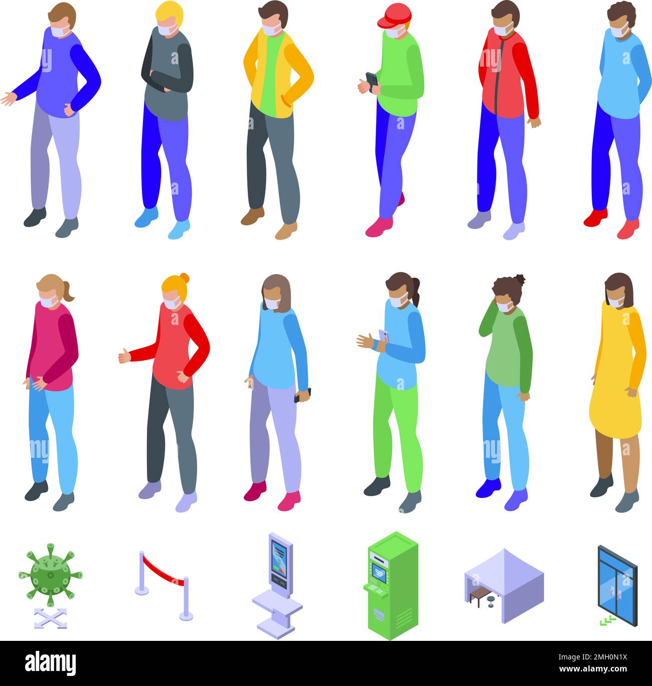 People in masks stand in line icons set isometric vector. Woman face ...