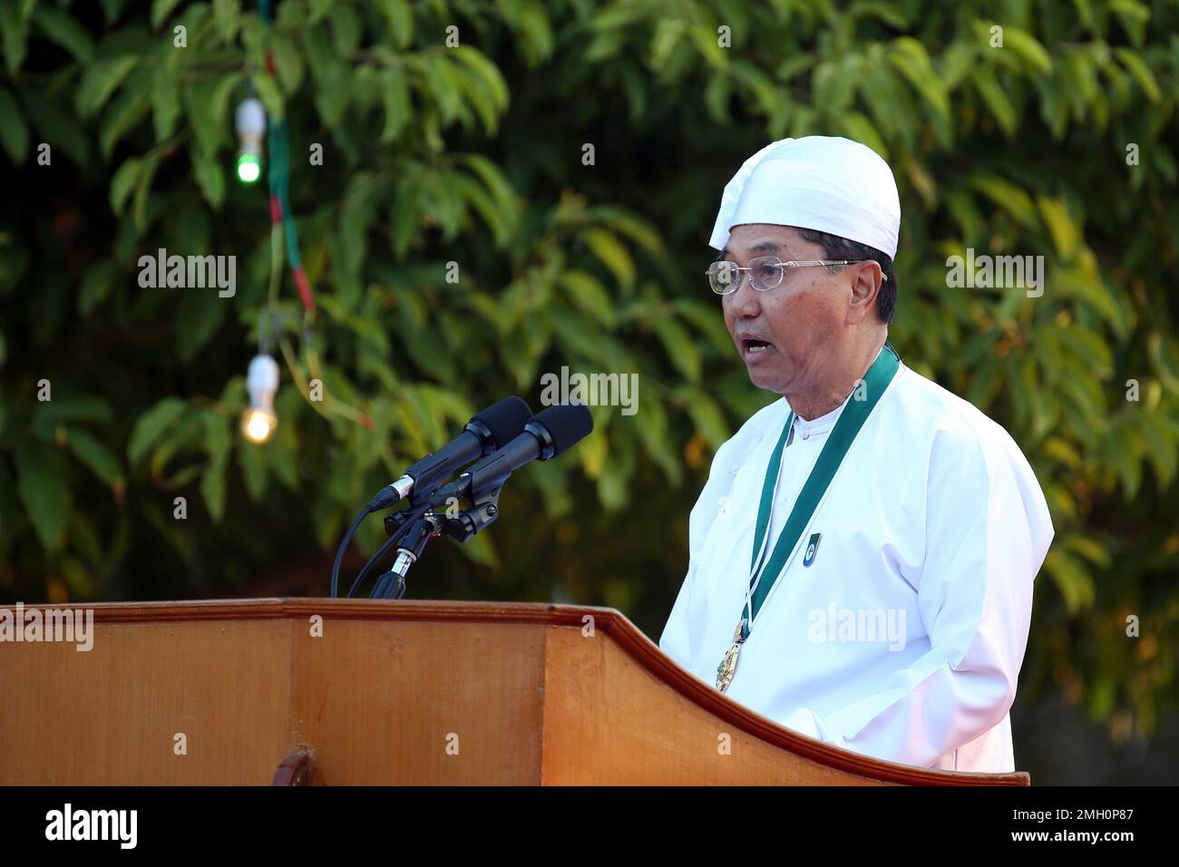 Myanmar Vice President Myint Swe speaks during a ceremony to mark ...
