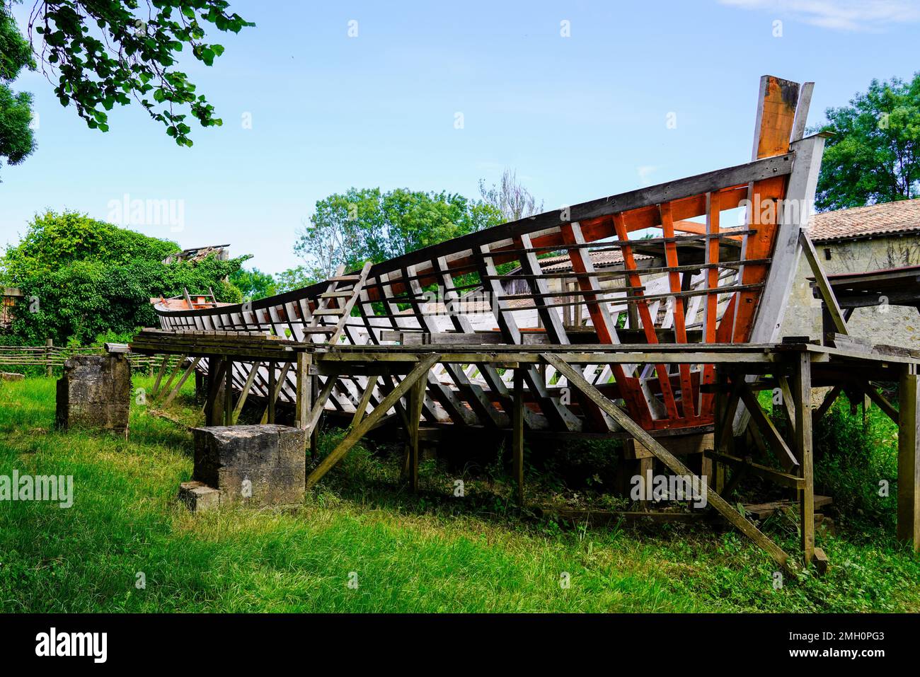 wooden Boat hull skeleton in manufacturing and restoration Stock Photo ...
