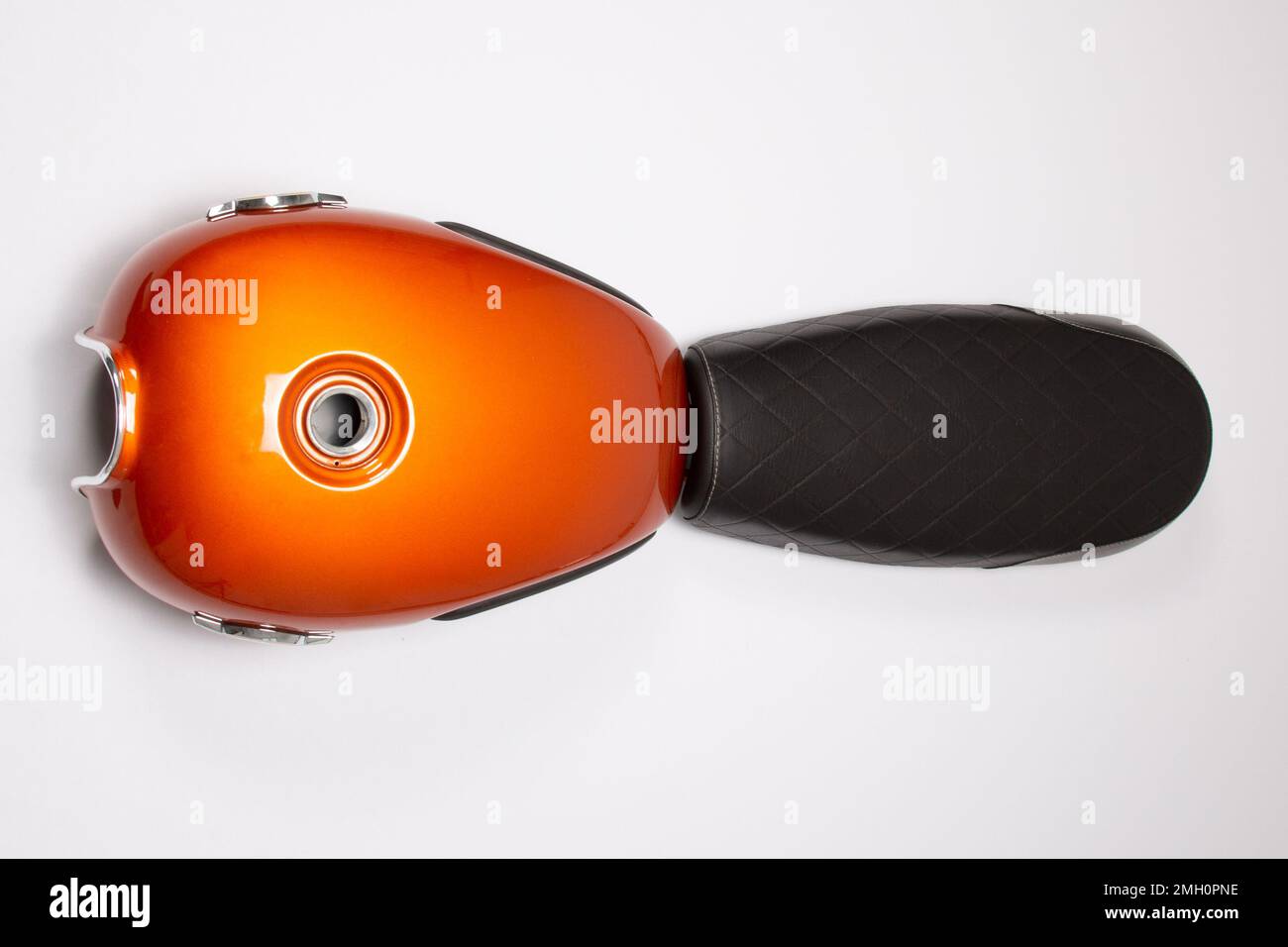 orange tank and black of a classic motorcycle detail in top view flat ...