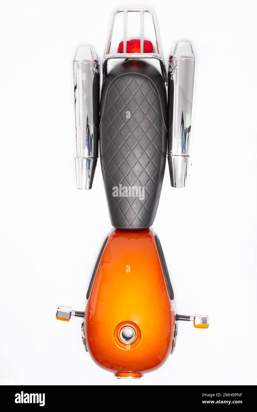 motorcycle tank saddle and mufflers exhaust part motorbike in flat lay ...