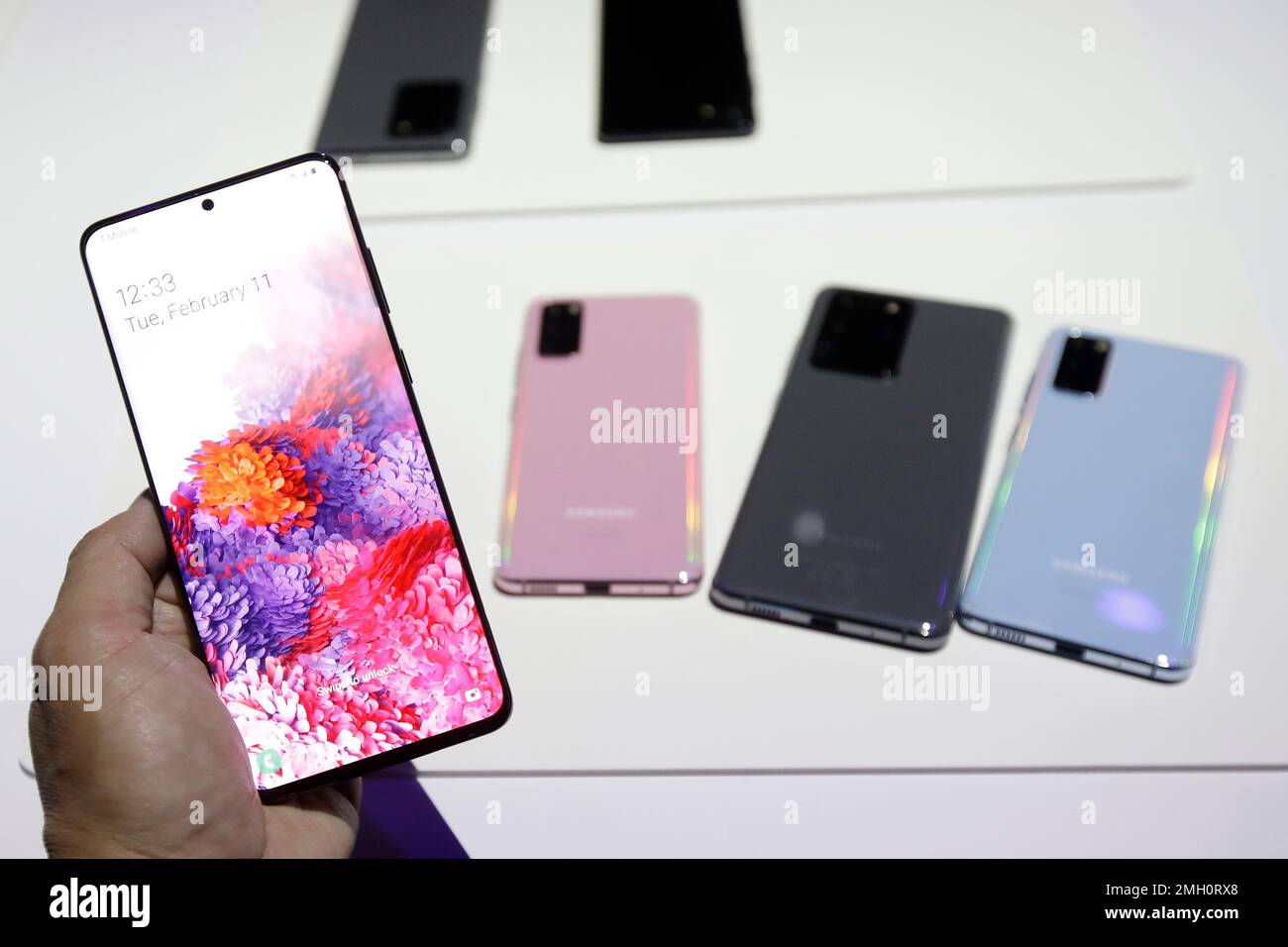 Samsung Galaxy S20 phones are displayed at the Unpacked 2020 event in ...