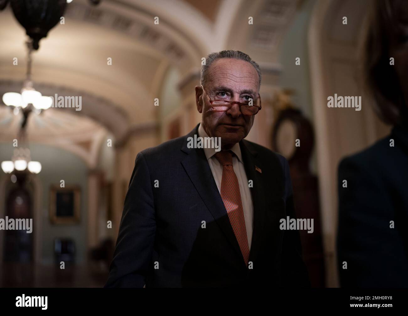 Senate Minority Leader Chuck Schumer, D-N.Y., arrives to talk to ...