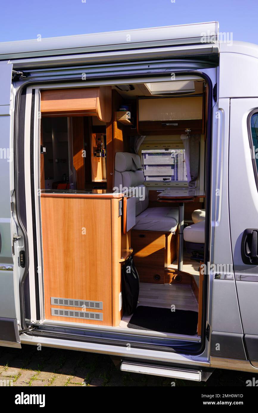 open side door vehicle interior view of motorhome modern camper rv van ...