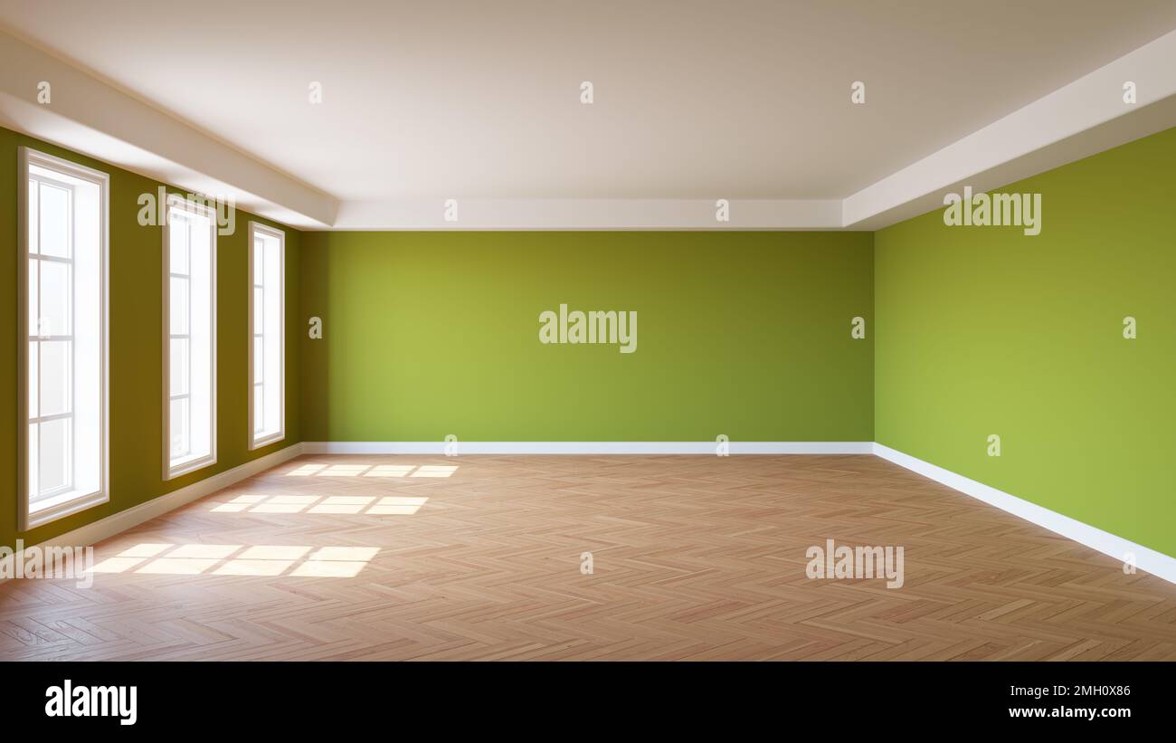 Empty Sunny Room with Khaki Plastered Walls, Three Large Windows, White ...