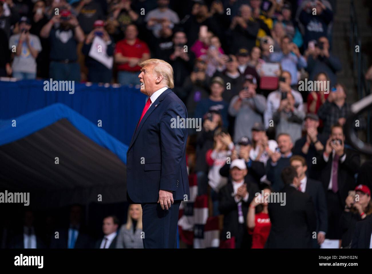 President Donald Trump speaks during a campaign rally Monday, Feb. 10 ...