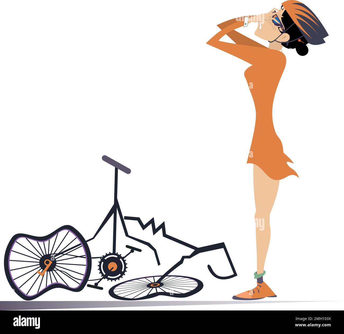 Sad cyclist woman and broken bike illustration. Upset cyclist young ...