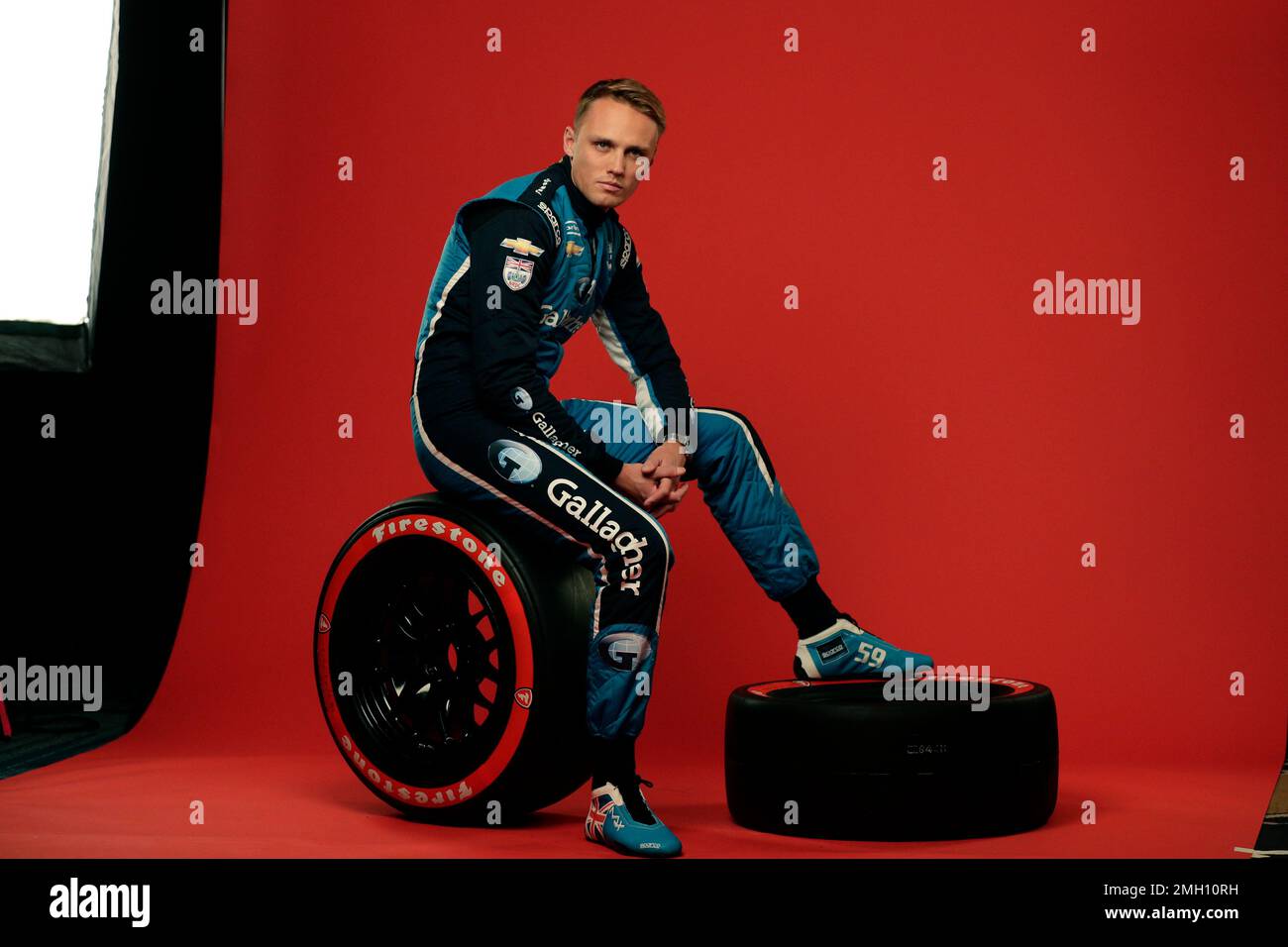 IndyCar driver Max Chilton poses for photos during IndyCar auto racing ...