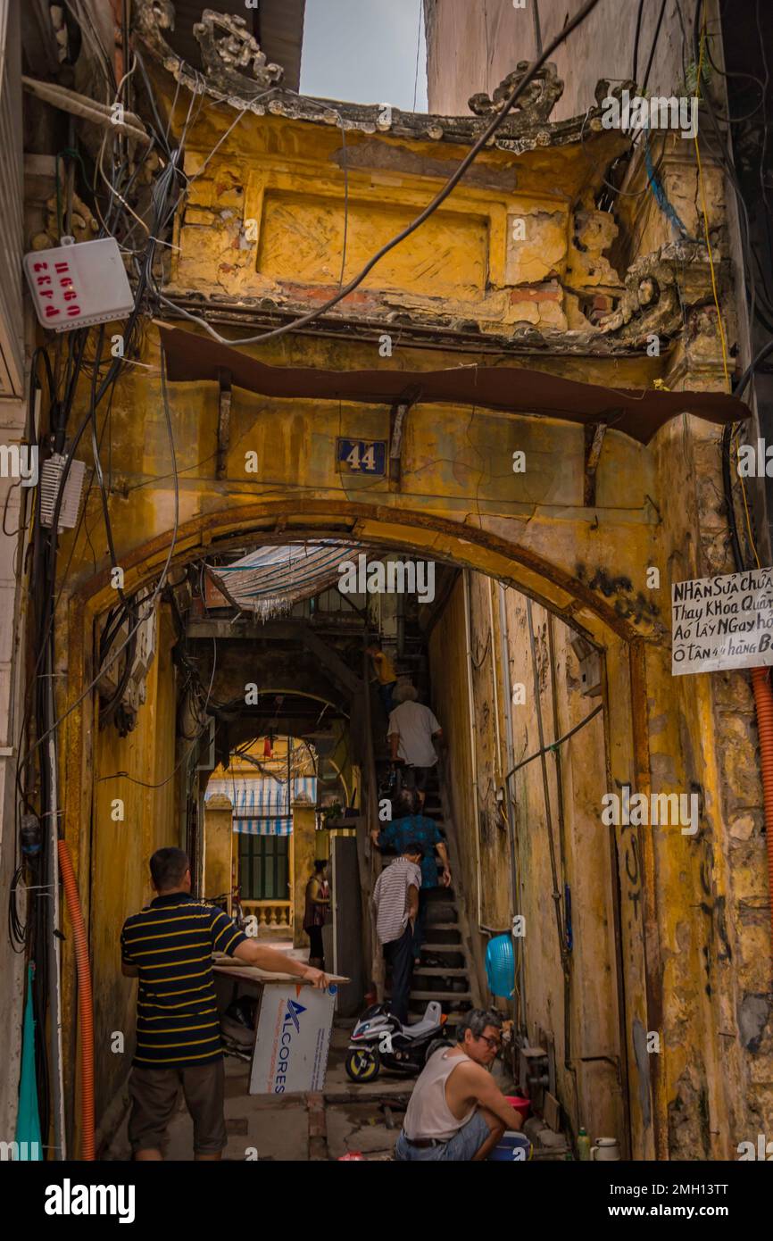 Old traditional colonial building arch archway gate in Hanoi, Vietnam ...