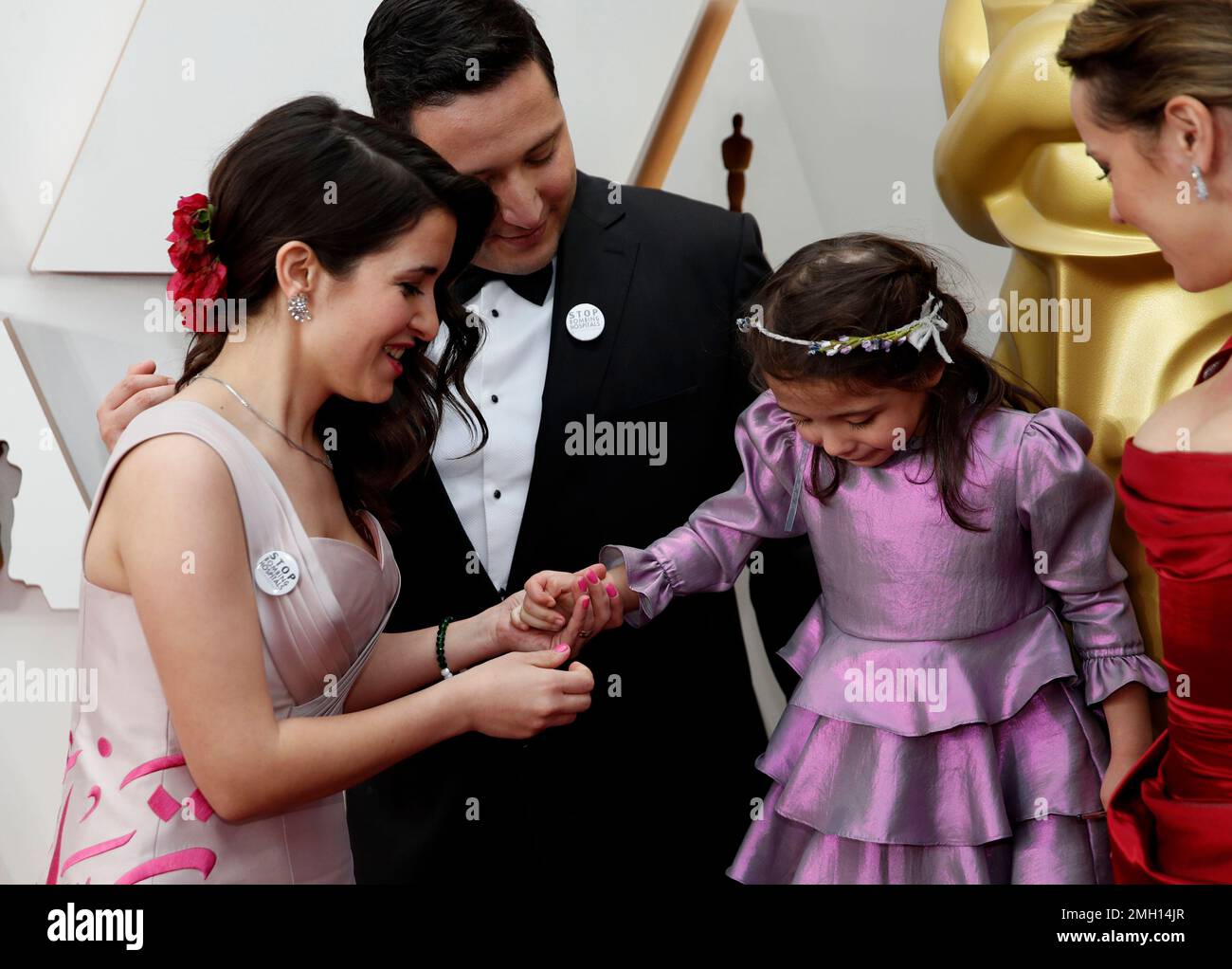 Waad Al-Kateab, from left, Hamza Al-Kateab, and Sama Al-Kateab arrive ...