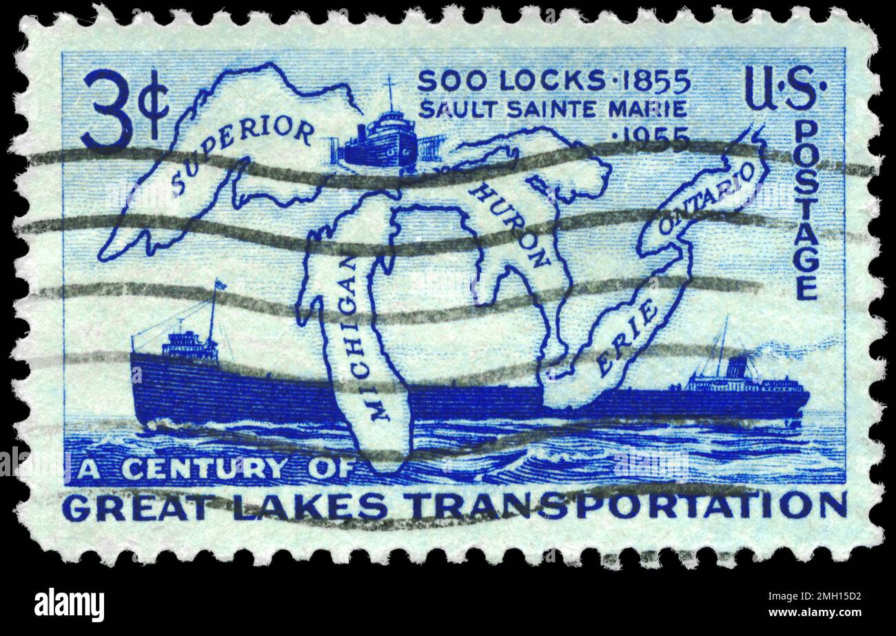 USA - CIRCA 1955: A Stamp printed in USA shows the Map of Great Lakes ...
