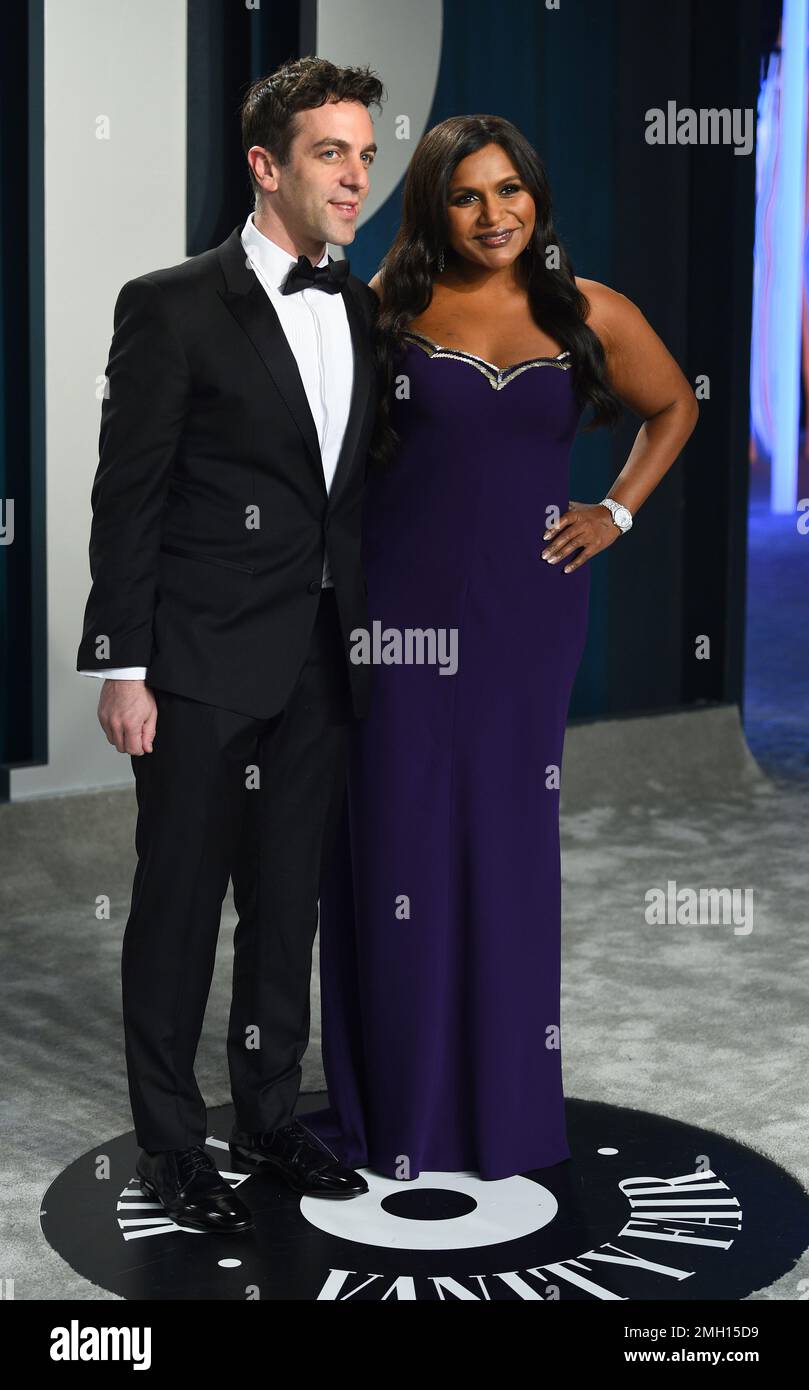 B.J. Novak, left, and Mindy Kaling arrive at the Vanity Fair Oscar ...