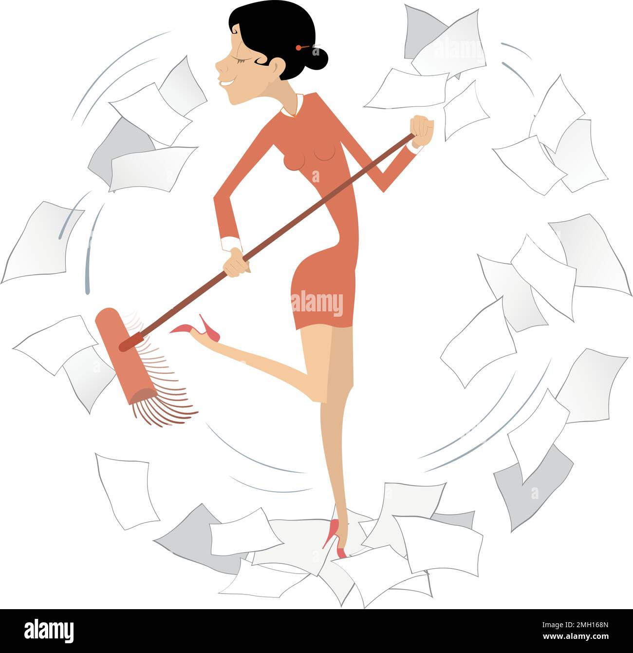 Businesswoman sweeps papers from the office illustration. Young woman ...