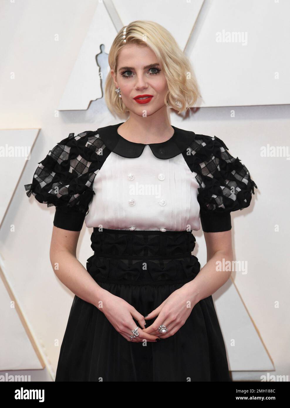 Lucy Boynton arrives at the Oscars on Sunday, Feb. 9, 2020, at the ...