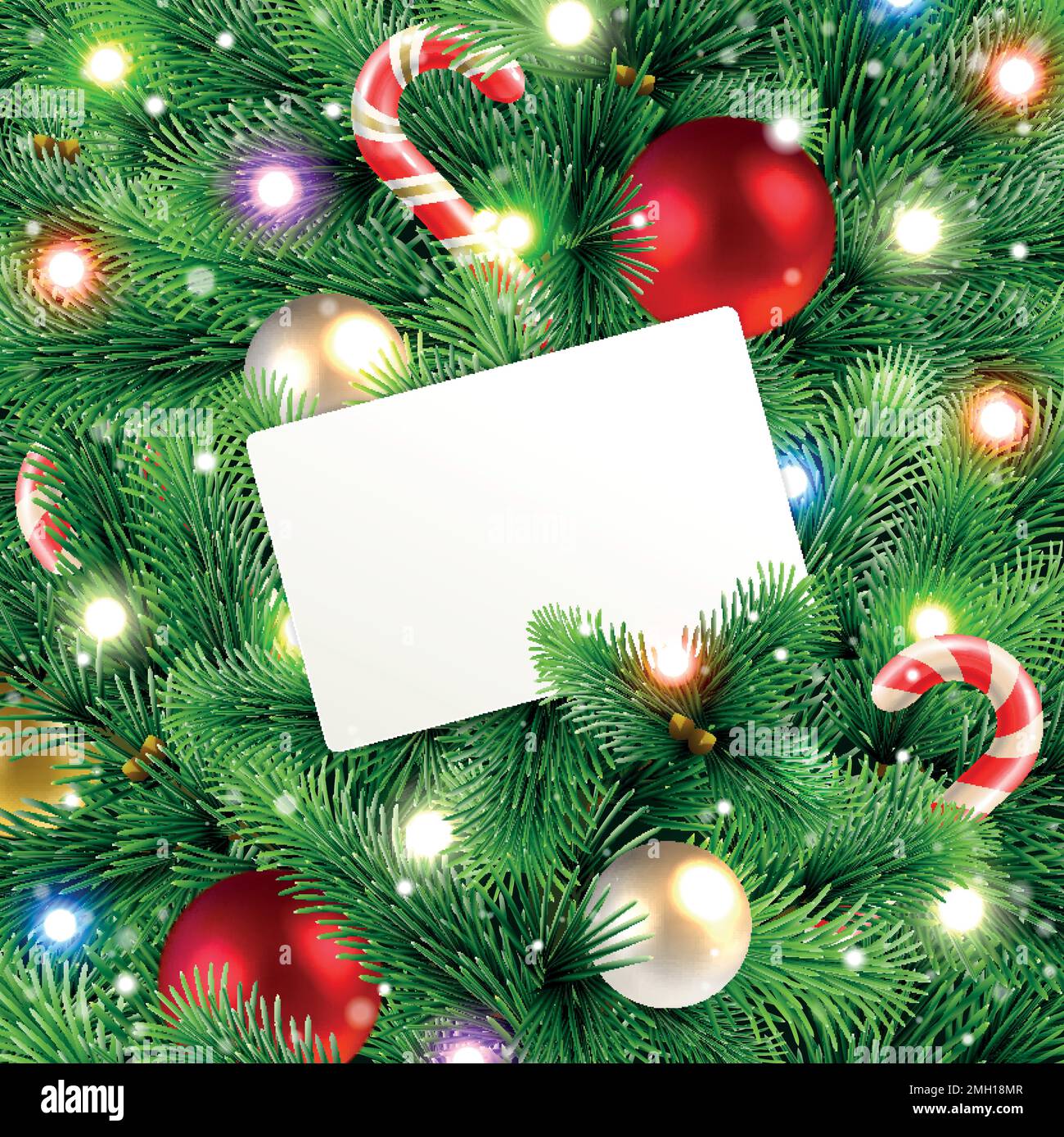 Christmas background with decorated spruce branches and an empty ...