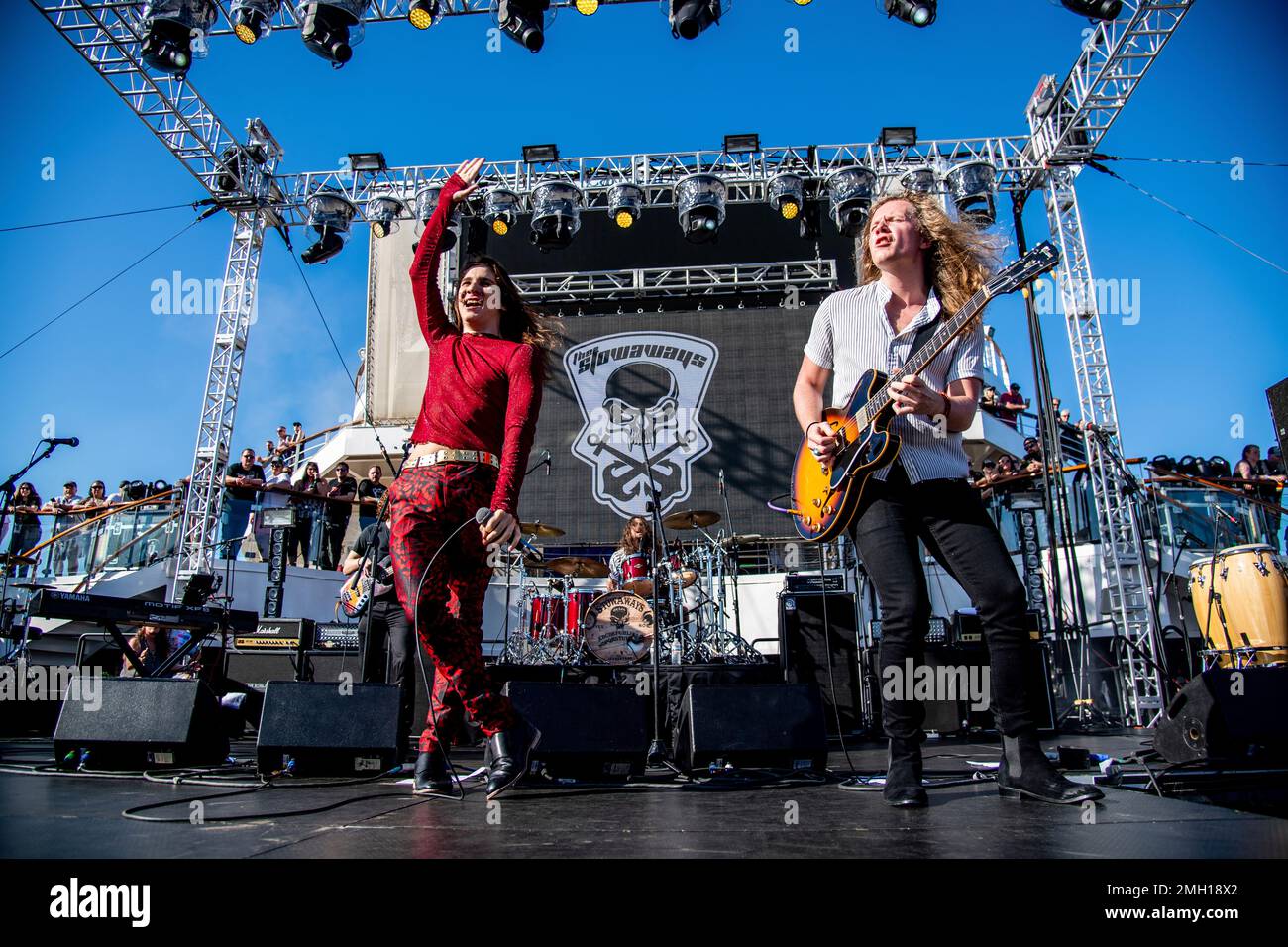 Nick Reese, left, and Blake Allard of The Stowaways is seen on board ...