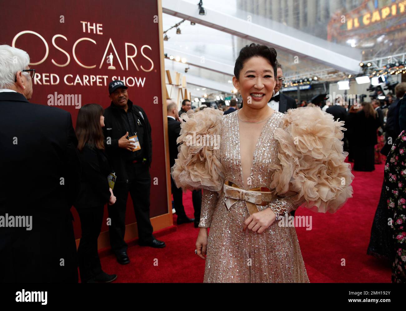 Sandra Oh arrives at the Oscars on Sunday, Feb. 9, 2020, at the Dolby ...