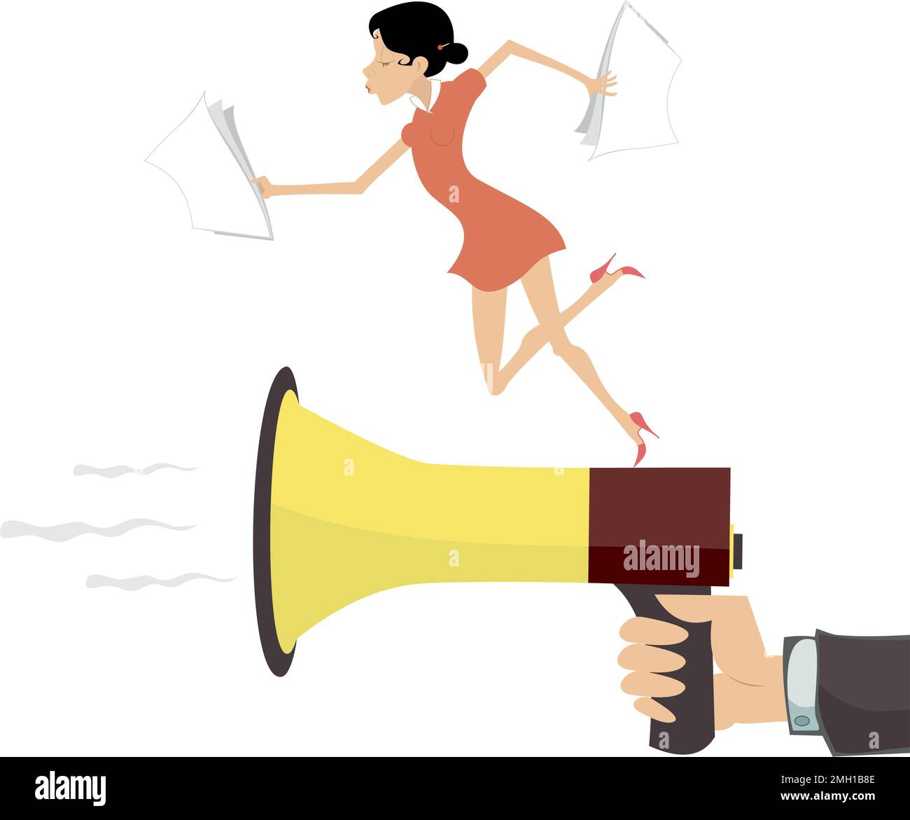 Hand with megaphone and running woman on it. Hand with megaphone shows ...