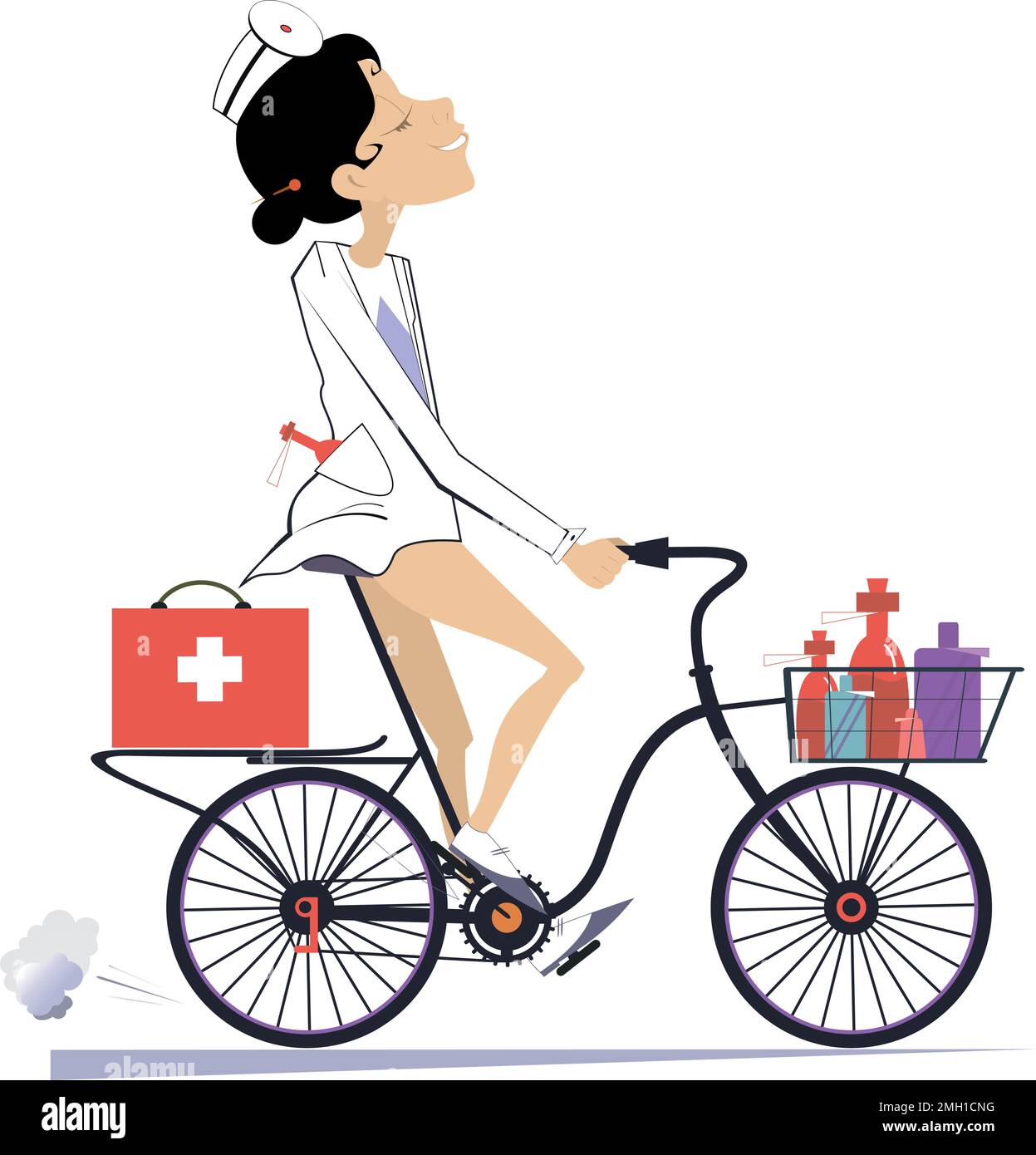 Cartoon smiling doctor woman rides a bike illustration. Cycling funny ...