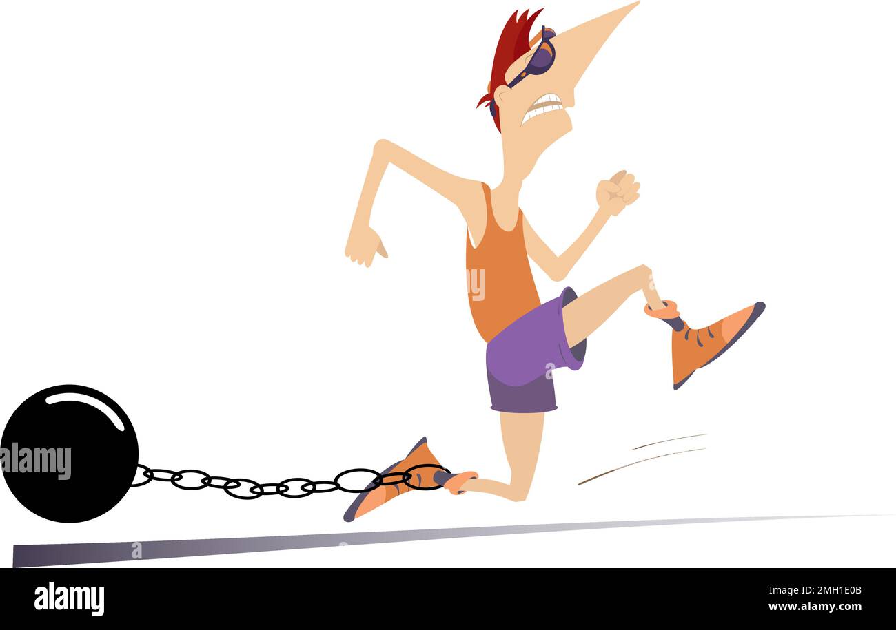 Hard training runner. Cartoon running man with a heavy connected by the ...