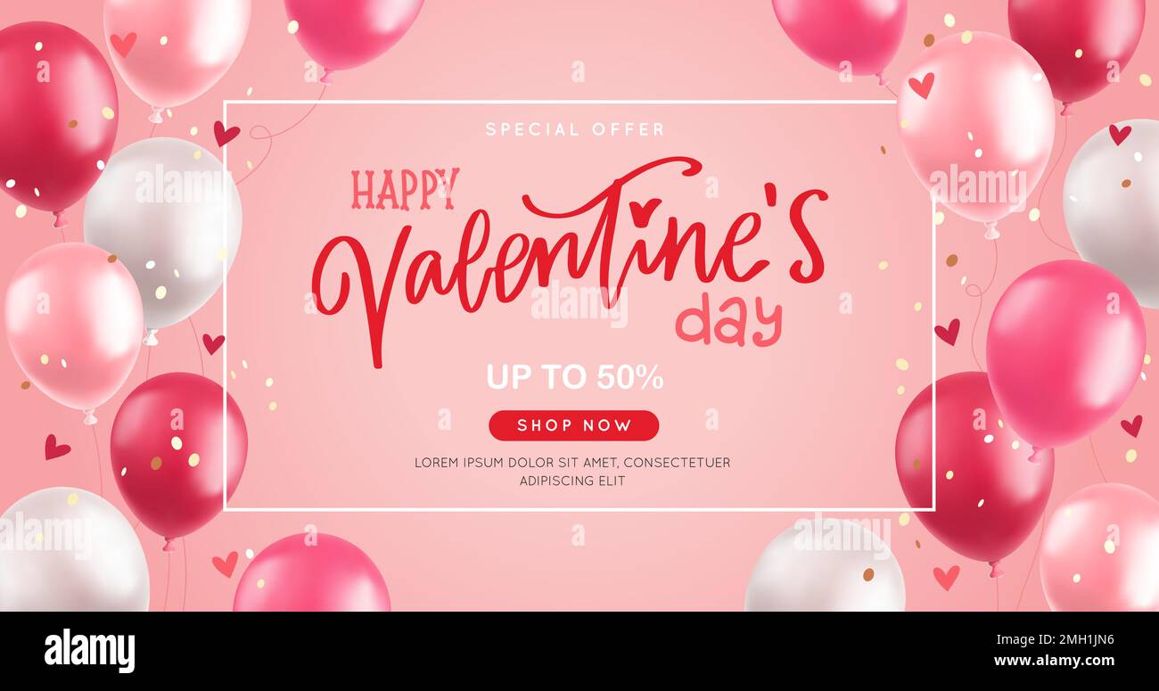 Valentines day banner with 3d balloons, realistic pink and red air ...
