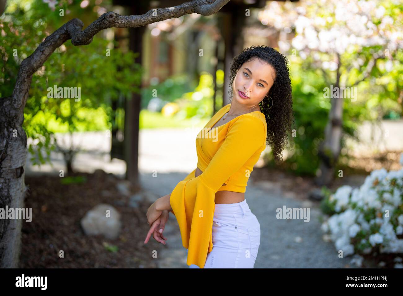 Half Body Portrait of Young African American Woman Standing on Pathway ...