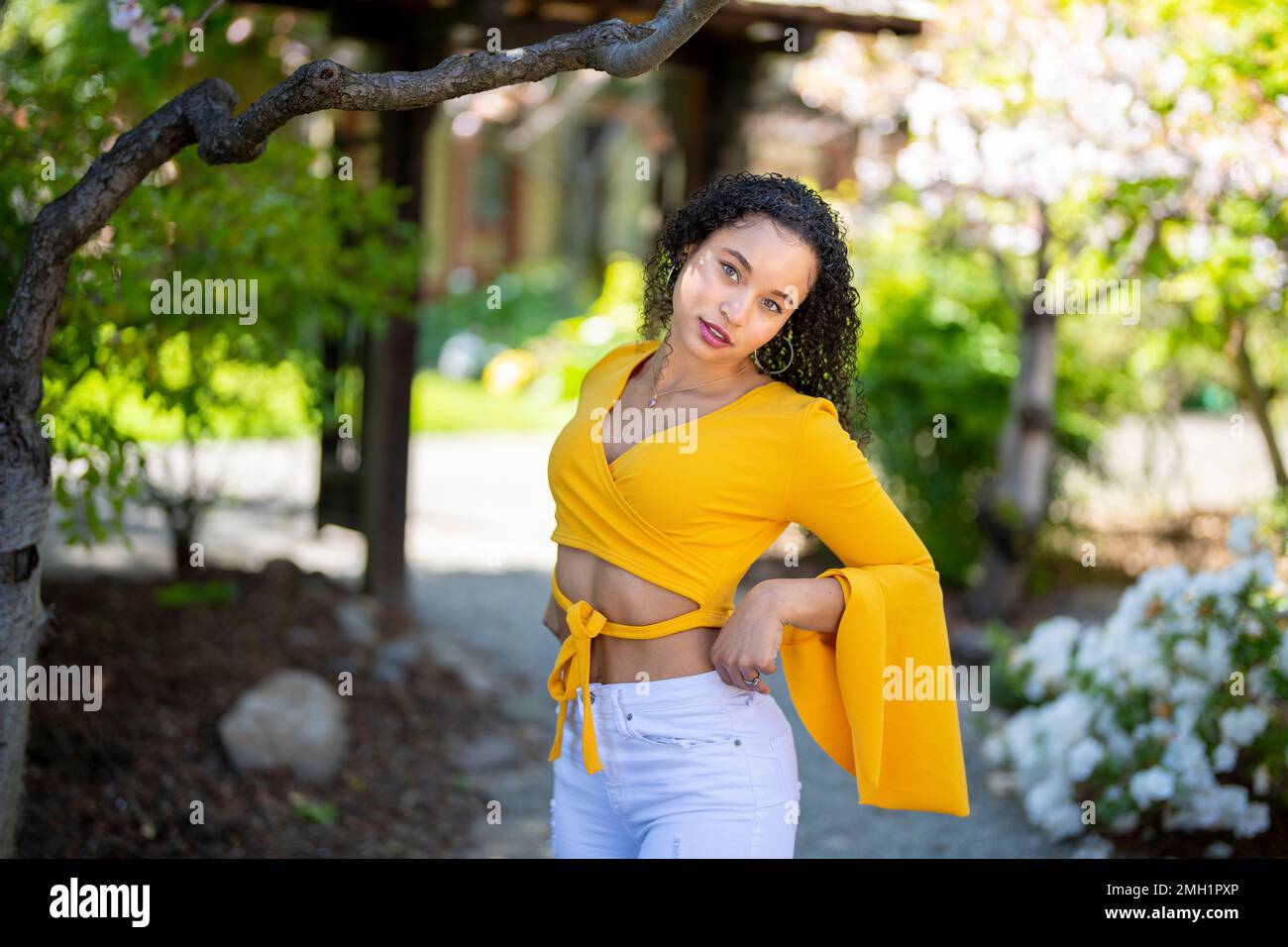 Half Body Portrait of Young African American Woman Standing on Pathway ...