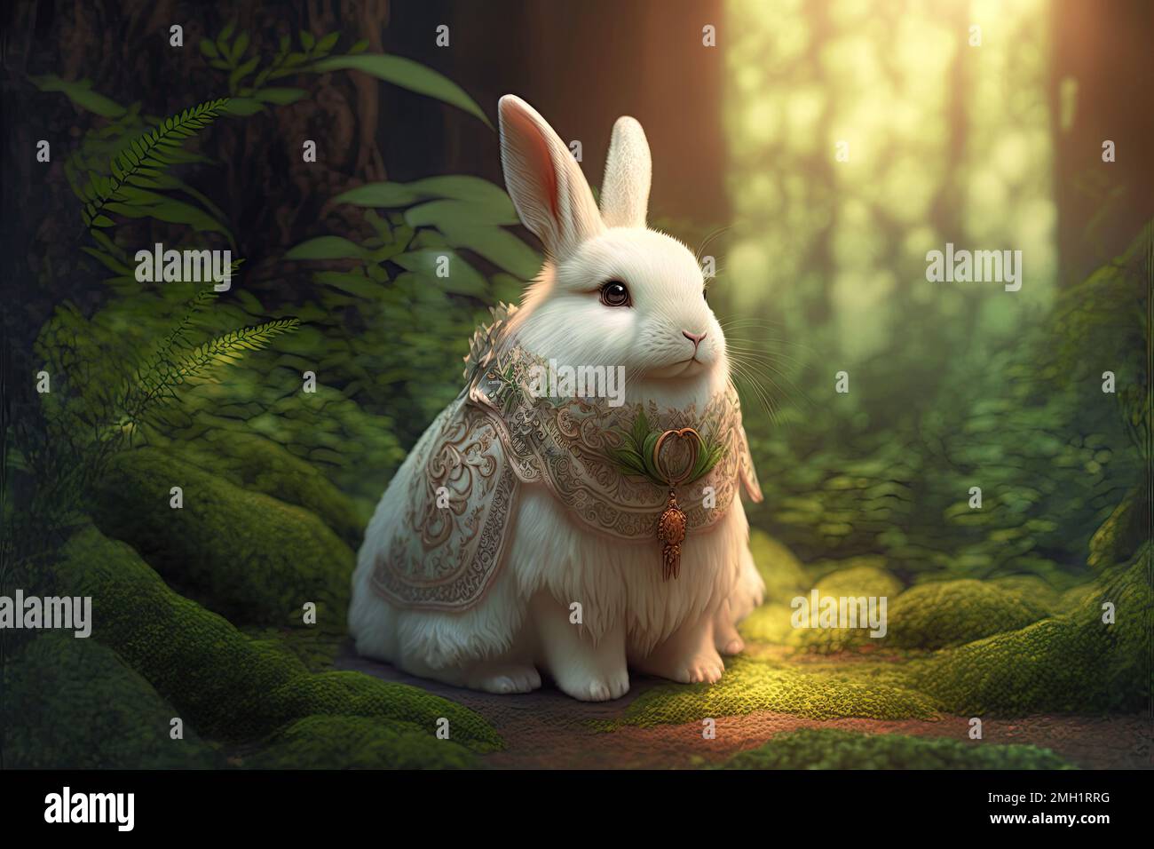 A charming white bunny clad in Chinese Hanfu in a mysterious Asian ...