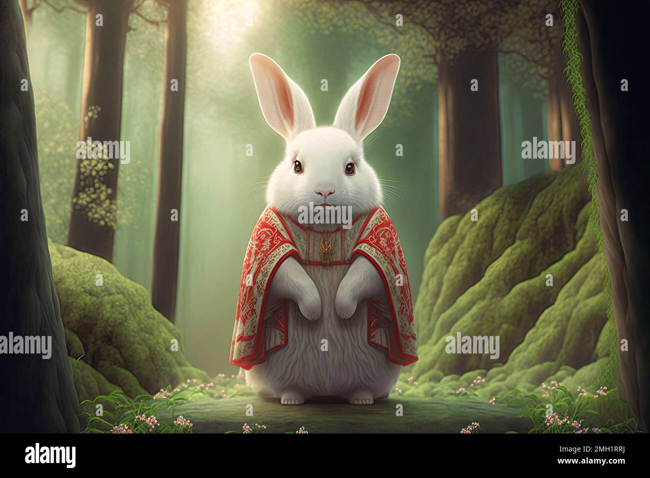 Cute white rabbit wearing Chinese Hanfu in an Asian mystic forest ...