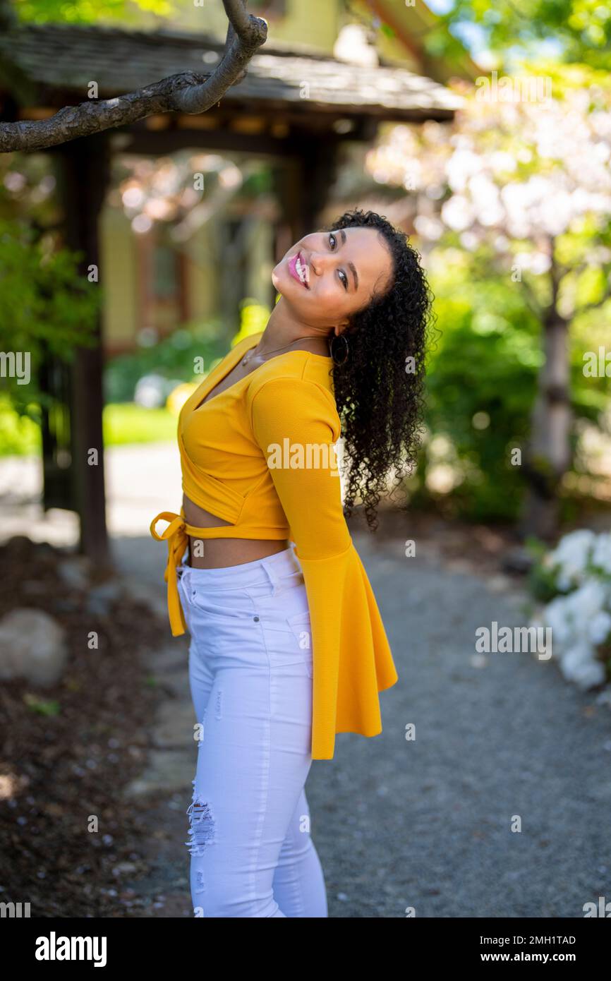 Side View 3/4 Body Portrait of Happy Young African American Woman ...