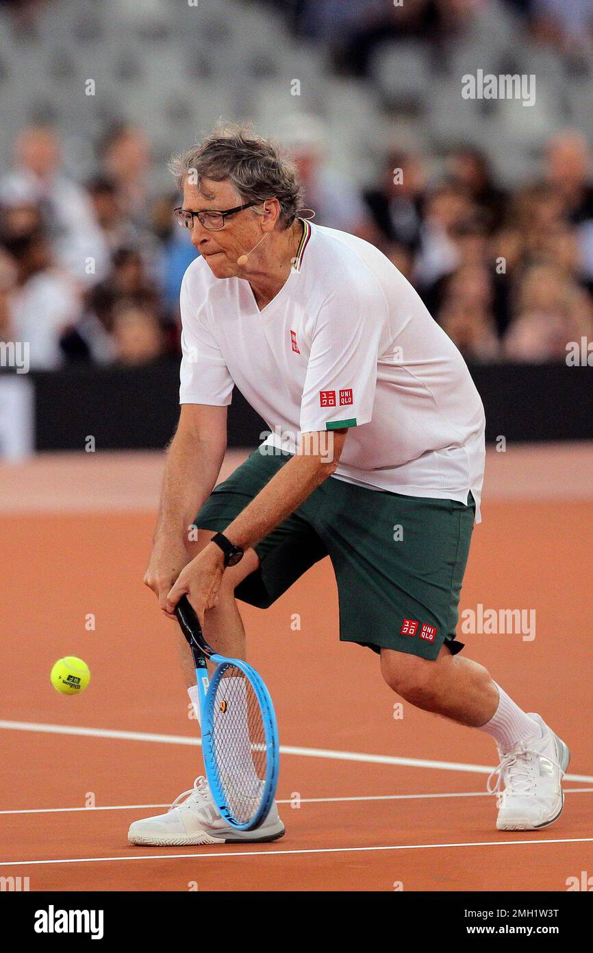 Bill Gates in action during the Match In Africa Tennis Exhibition held ...