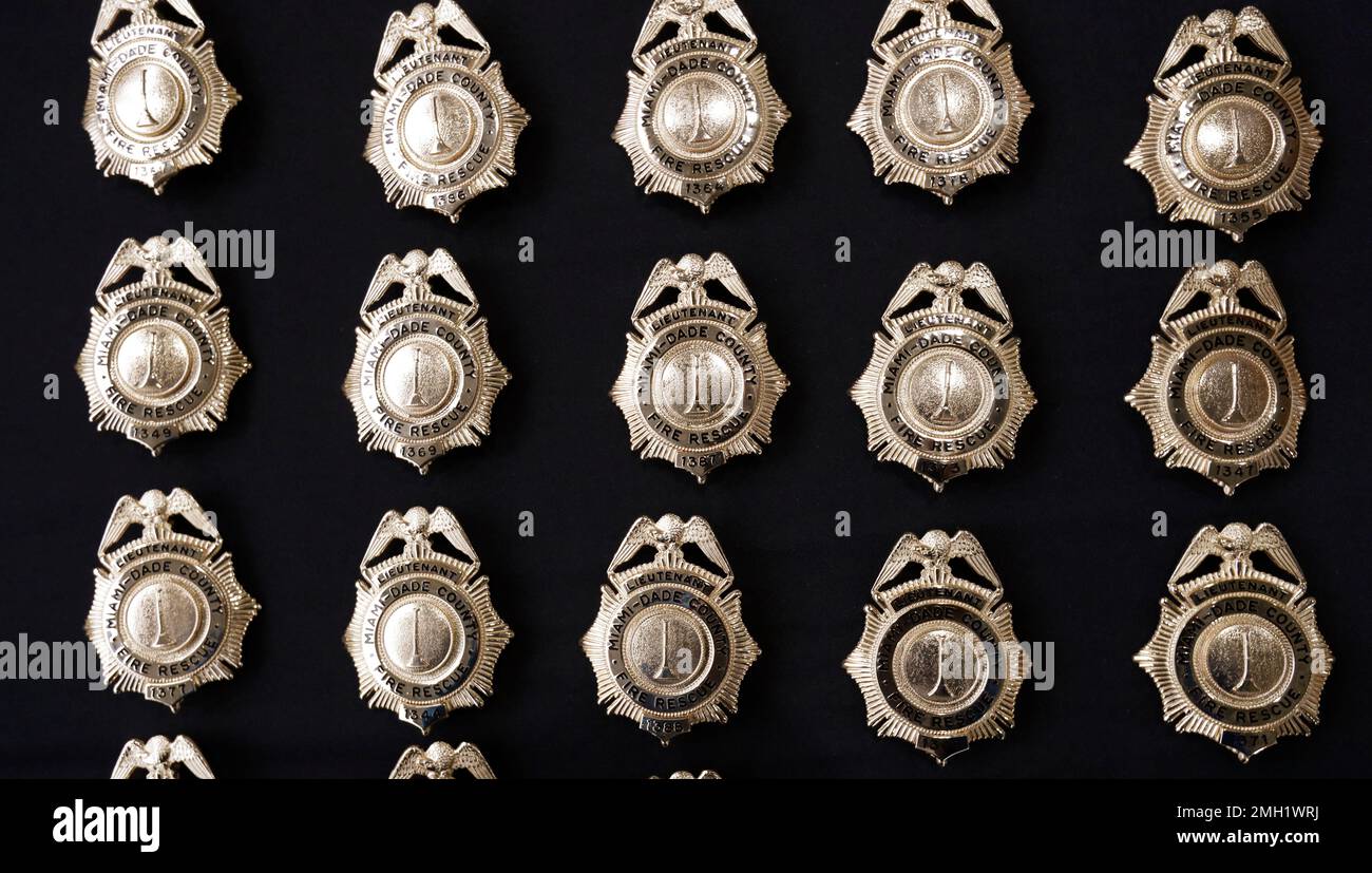 Miami-Dade Fire Rescue (MDFR) new badges are laid out before being ...
