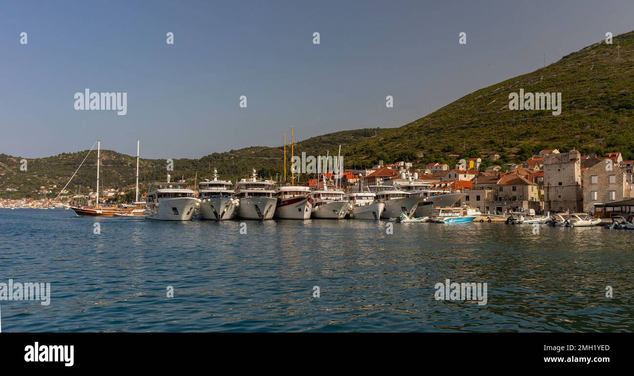 VIS, CROATIA, EUROPE - Yachts in harbor, town of Vis, on the island of ...