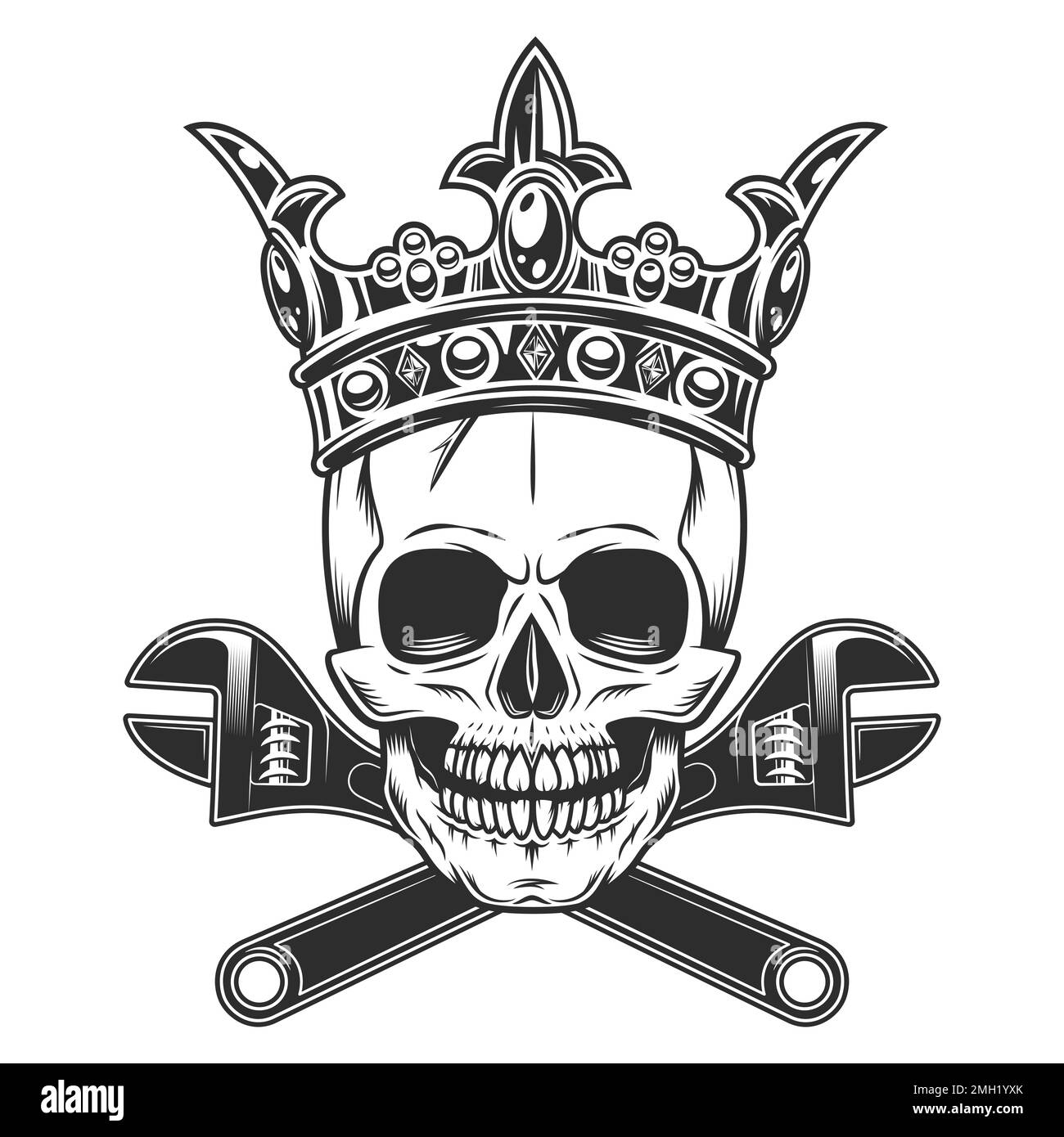 Skull with wrench tools and crown king in monochrome illustration style ...