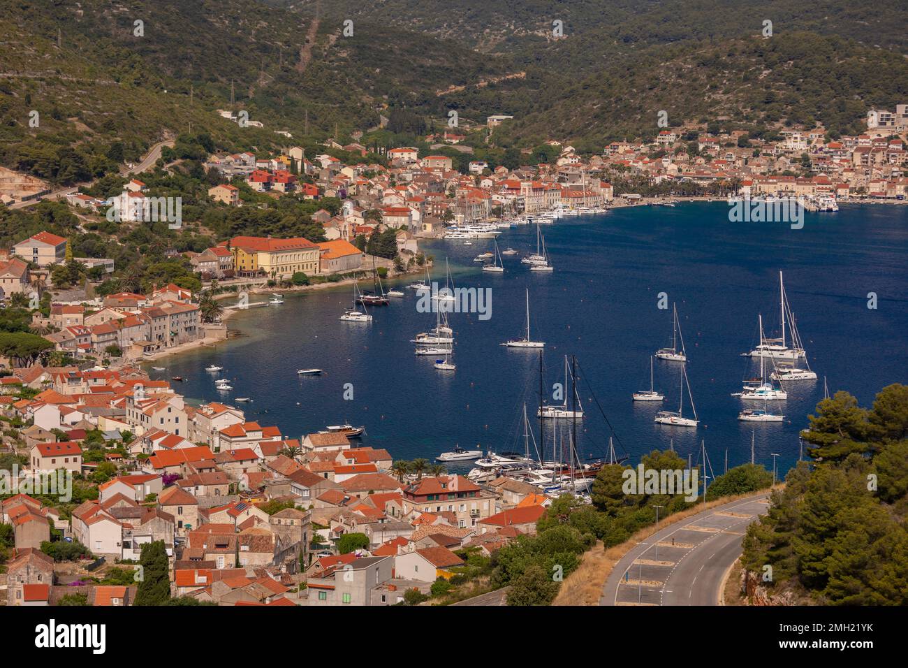 VIS, CROATIA, EUROPE - Aerial view of town of Vis and harbor, on the ...