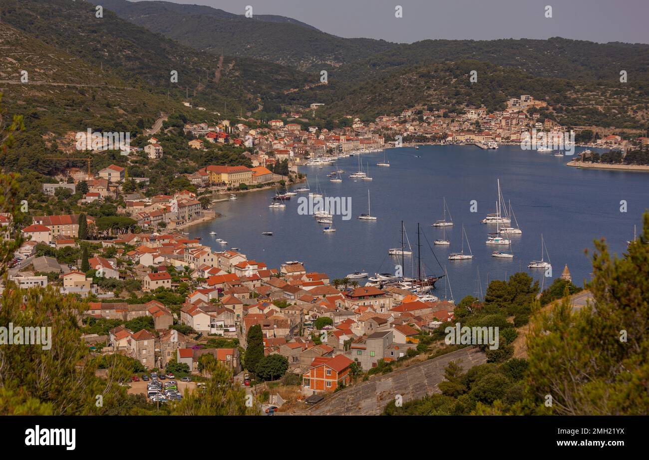 VIS, CROATIA, EUROPE - Aerial view of town of Vis and harbor, on the ...