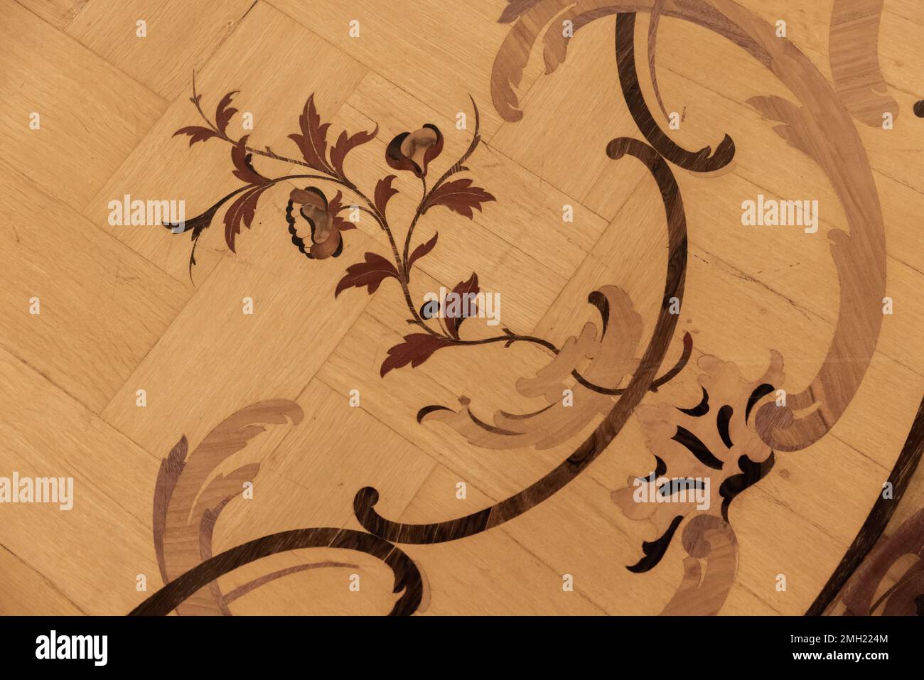 Vintage wooden parquet with floral inlay pattern, classic architecture ...