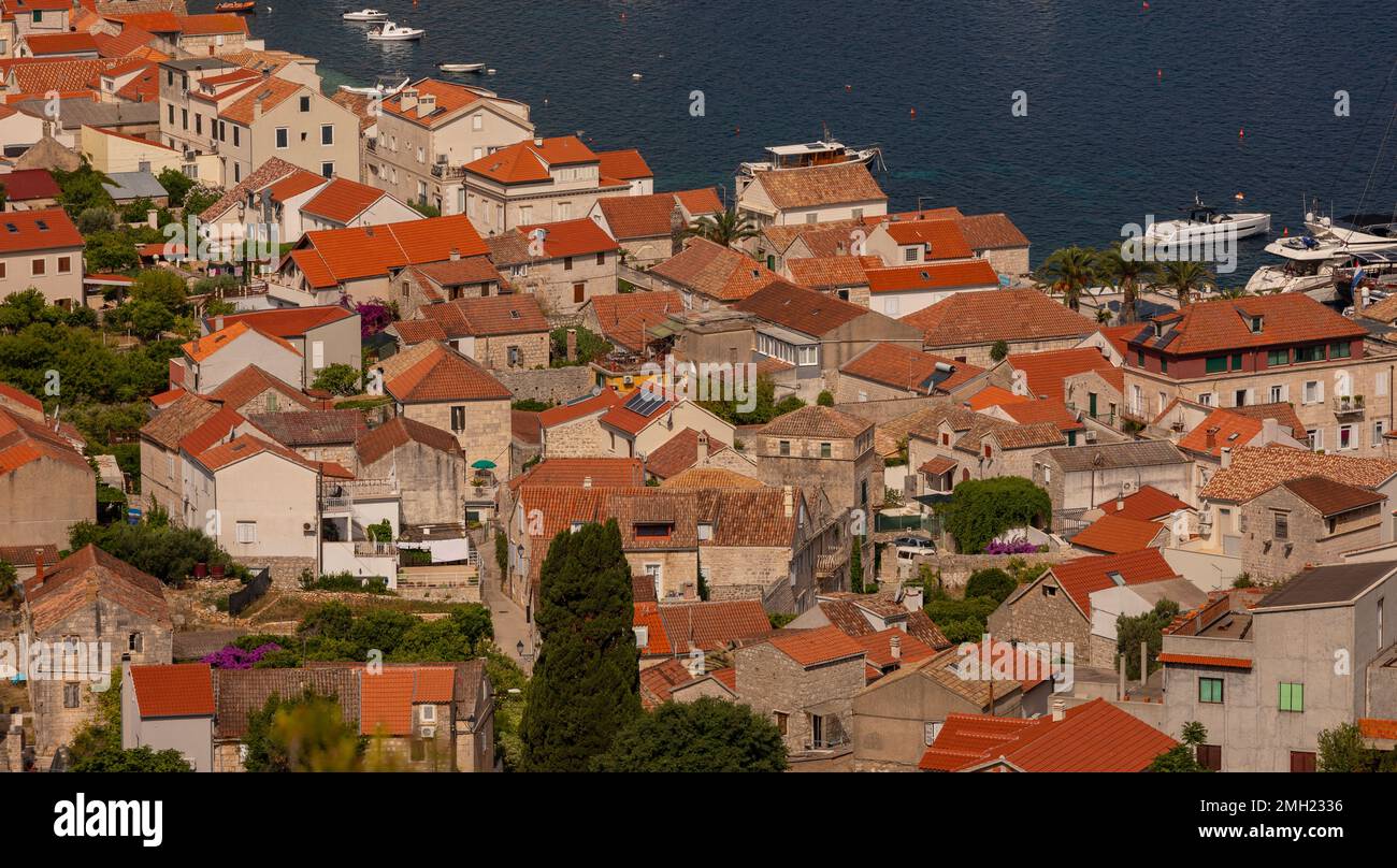 VIS, CROATIA, EUROPE - Aerial view of town of Vis and harbor, on the ...