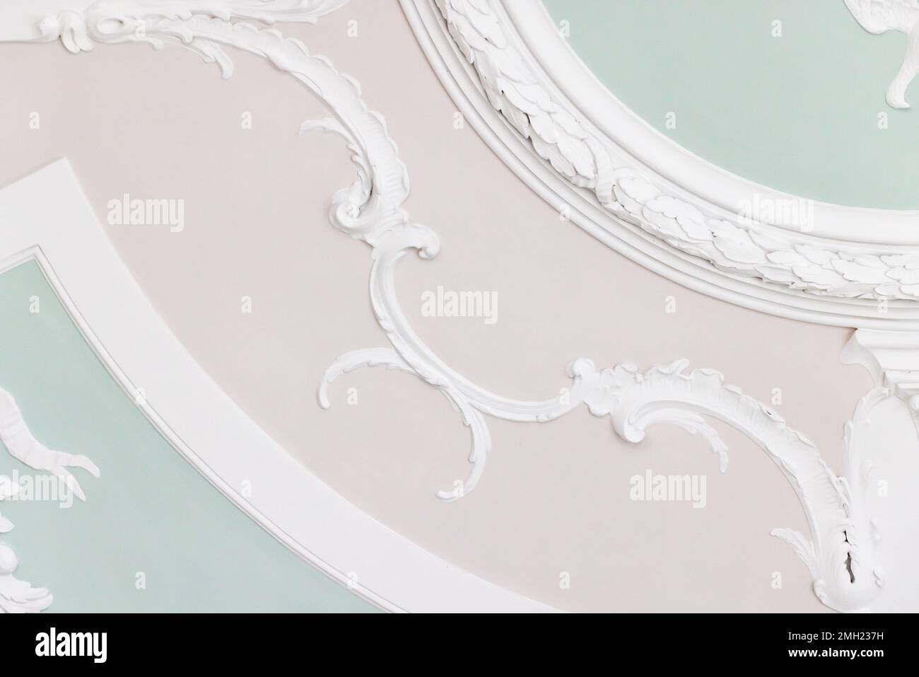 White gypsum bas-relief details, ceiling design, rococo style, classic ...